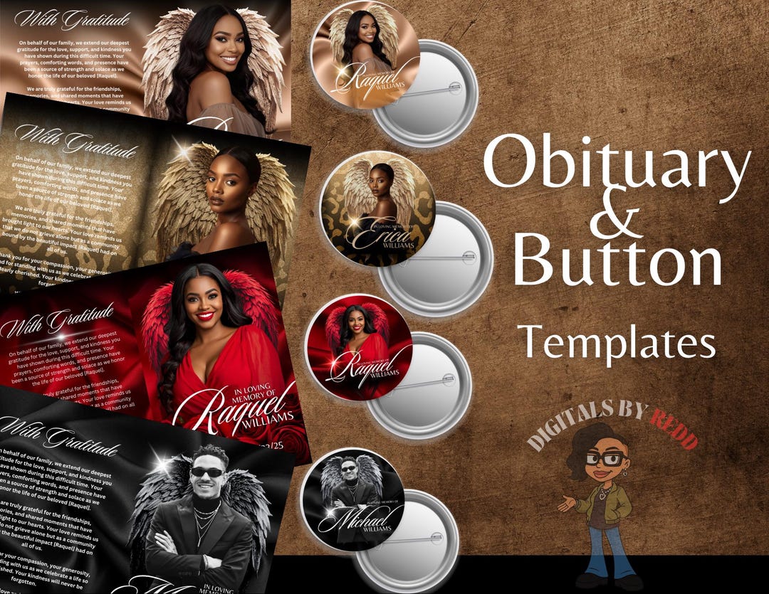 Obituary and Memorial Button Templates for Canva | Editable Funeral ...