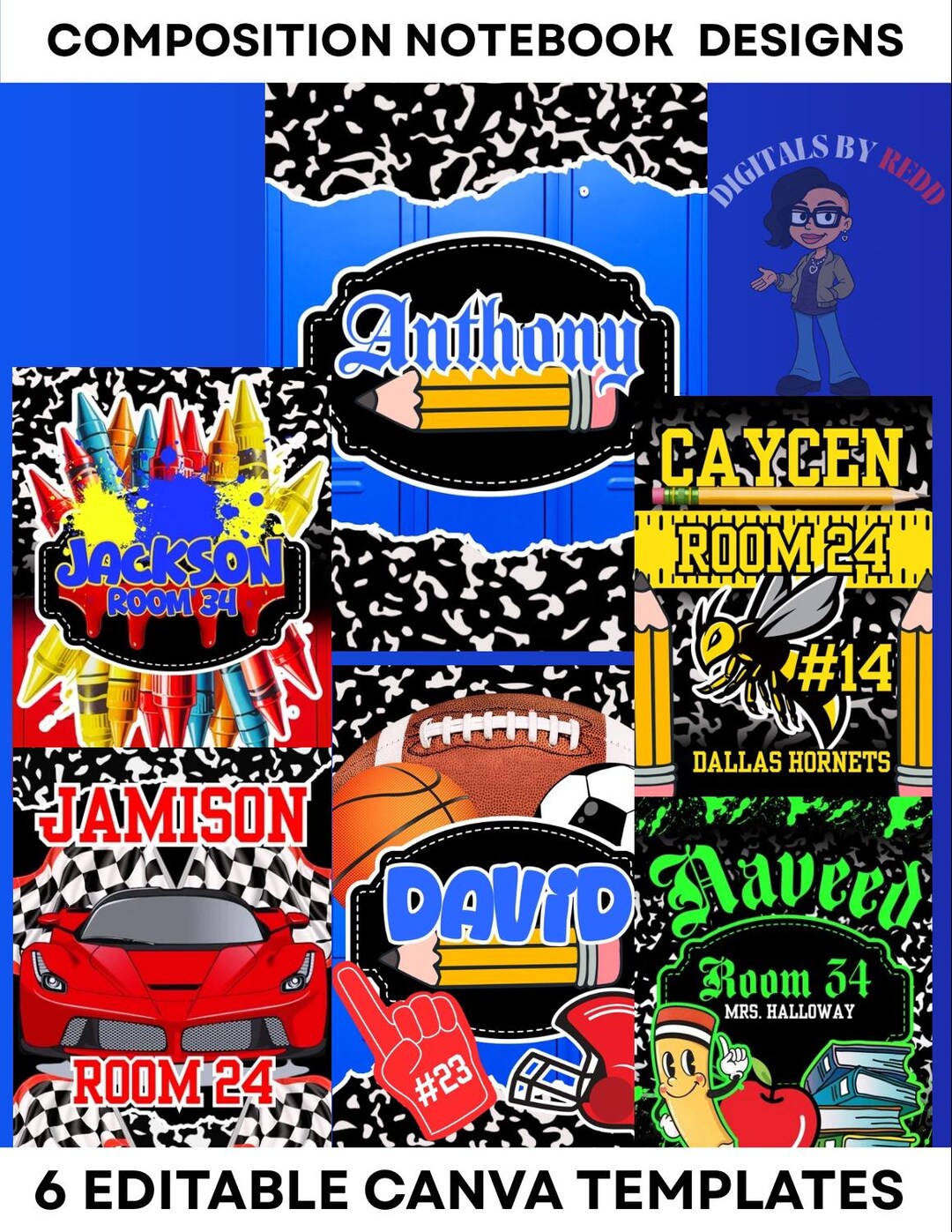 Editable Composition Notebook Covers | 6 Canva Templates | Back-to ...