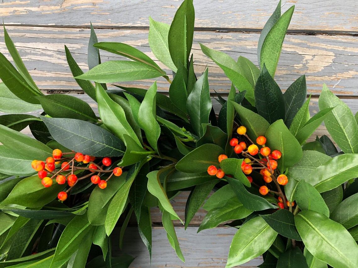 Faux Mixed Laurel Greenery Farmhouse Wreath With Orange Berries for ...
