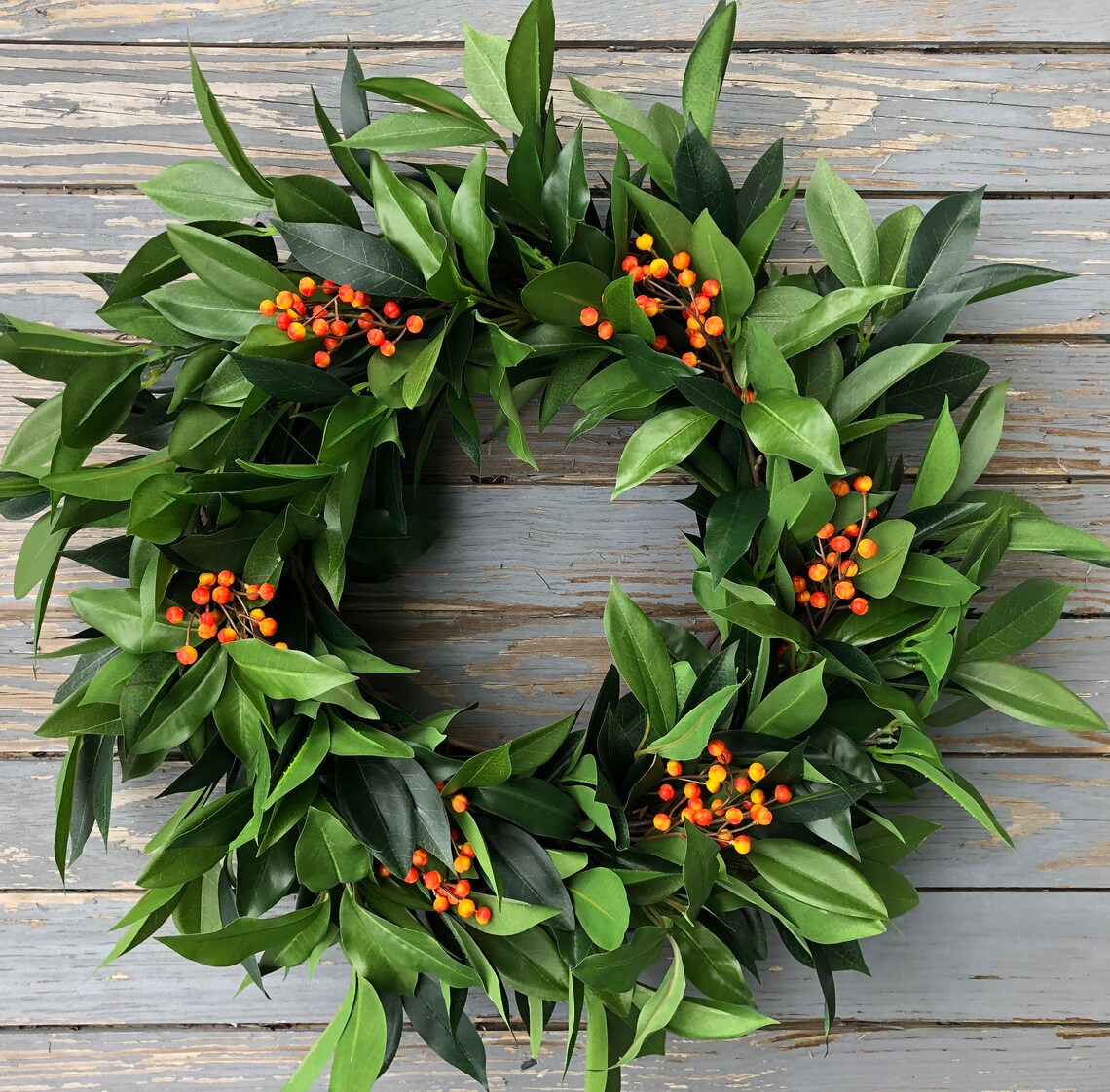 Faux Mixed Laurel Greenery Farmhouse Wreath With Orange Berries for ...
