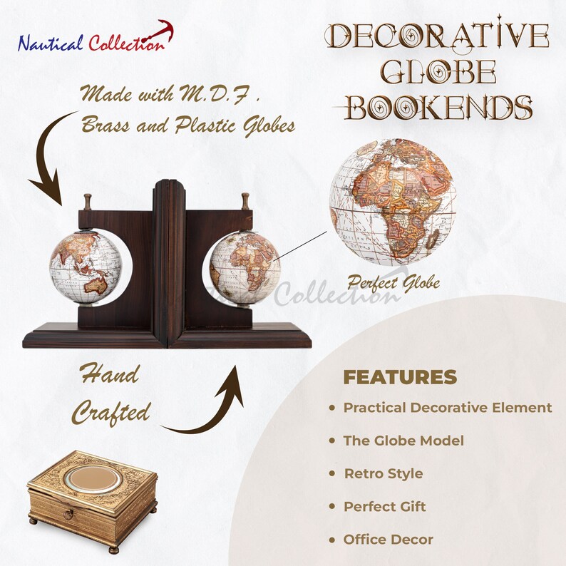 Vintage Globe Bookends: Decorative Brass & MDF Book Shelf Holders ...