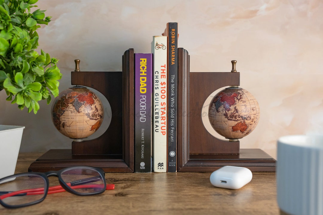Vintage Globe Bookends: Brass & MDF Decorative Book Shelf Holders - Etsy