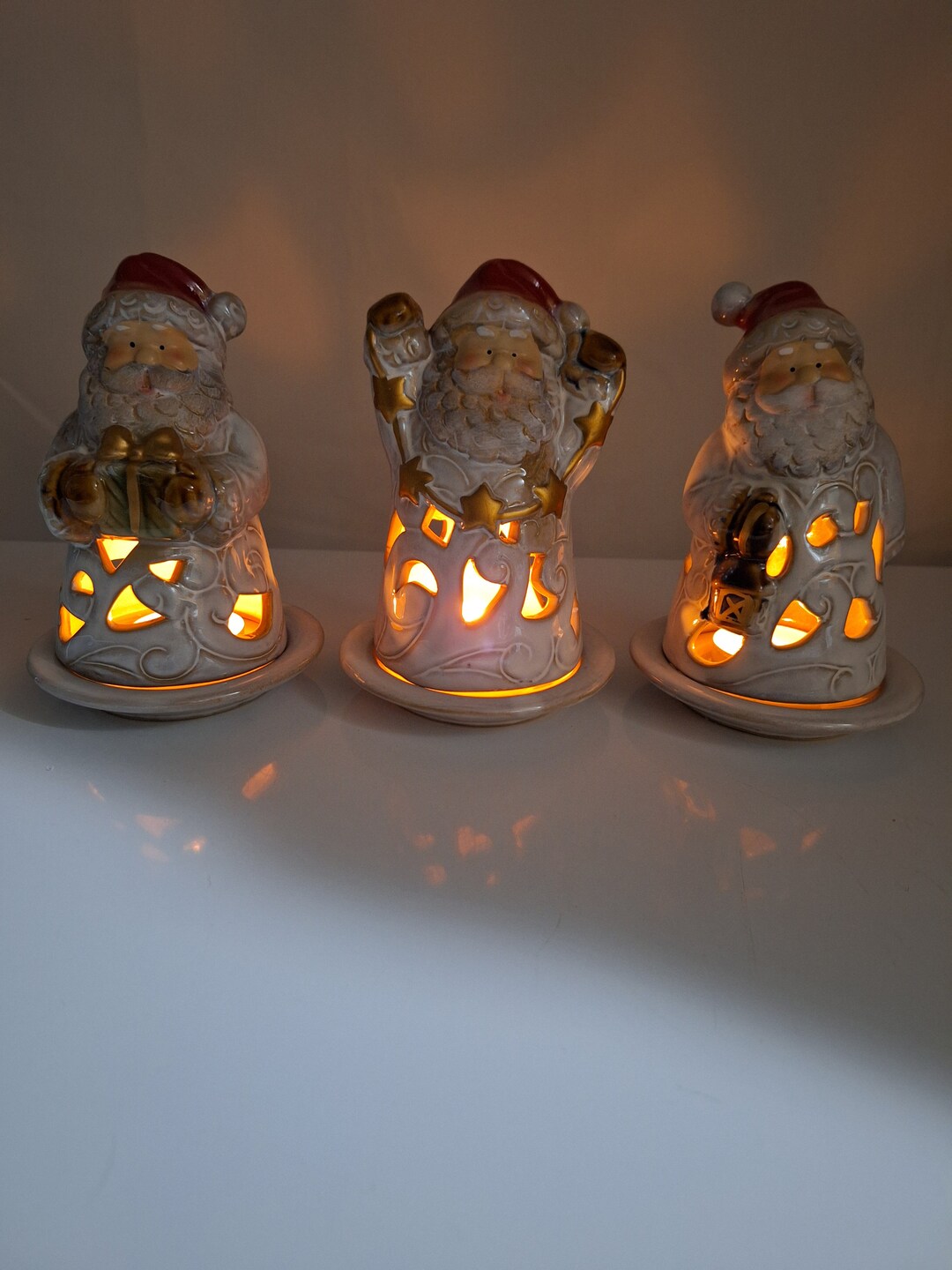 Vintage Set of 3 Porcelain Santa Tea Light Holders From the Christmas ...