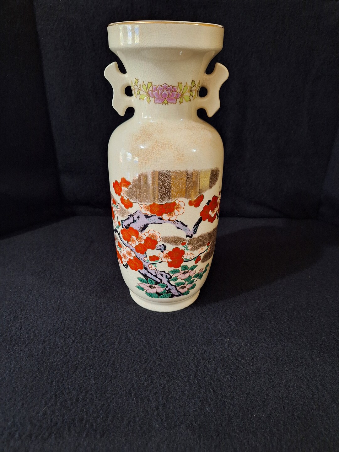 1960's Bijutsu Toki Kanji 美術陶器 Crackle Glaze Ceramic Vase Handles Tree ...