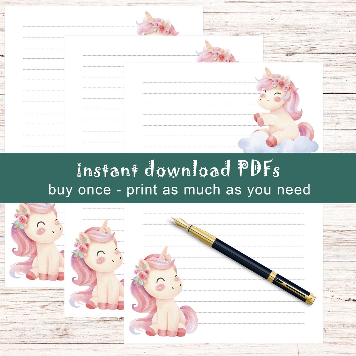 Printable Unicorn Stationery Set, Rainbow Journal Lined Unlined Writing ...