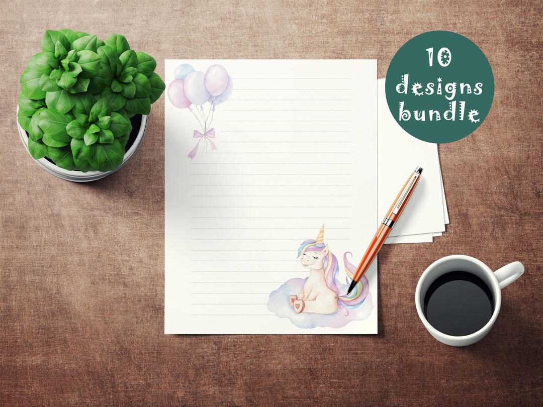 Printable Unicorn Stationery Set, Rainbow Journal Lined Unlined Writing ...