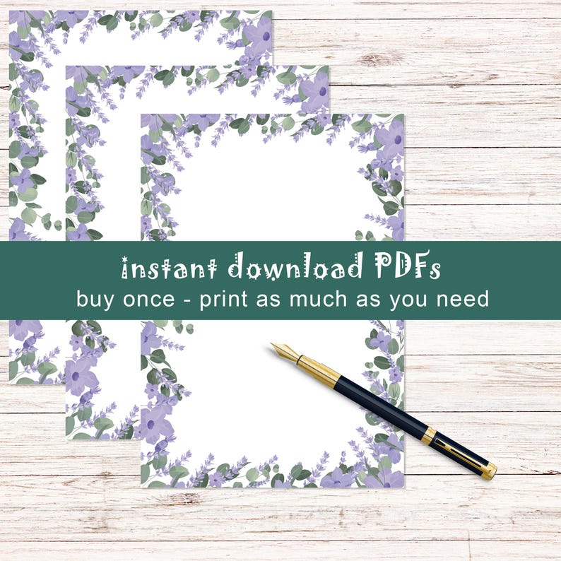 Flower Frame Printable Writing Paper Stationery Set, Lined Unlined US ...