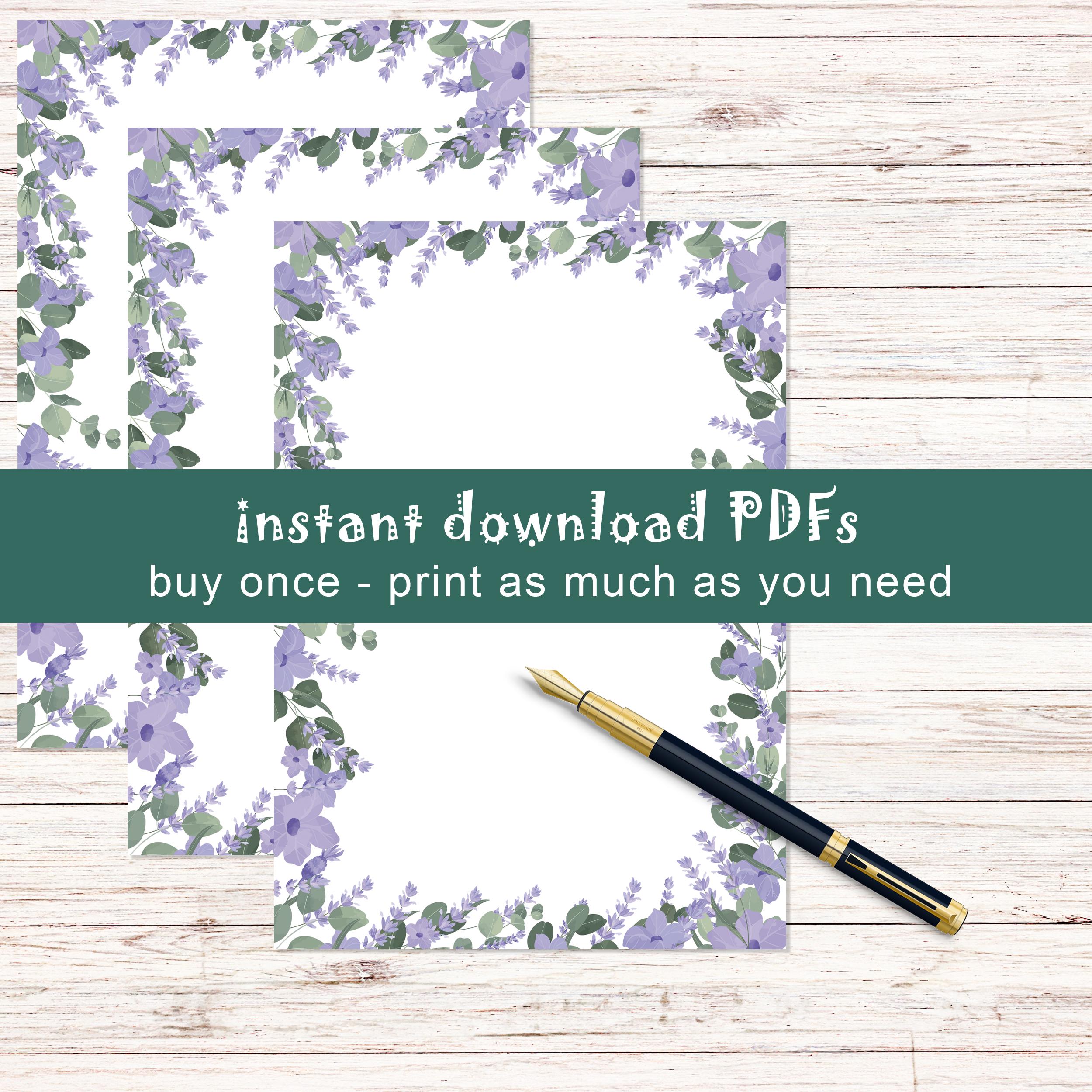 Flower Frame Printable Writing Paper Stationery Set, Lined Unlined US ...