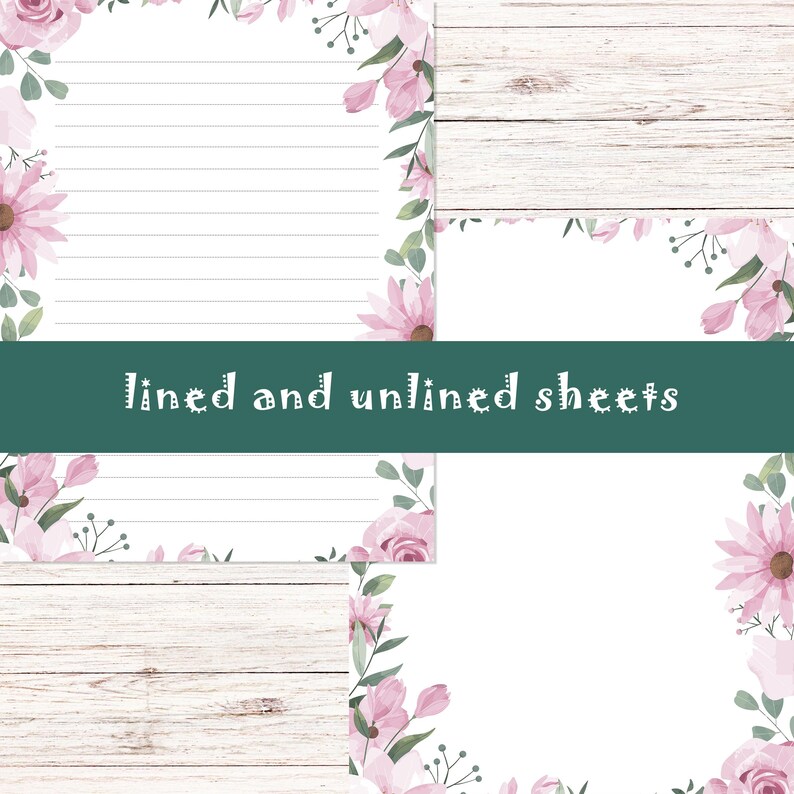 Flower Frame Printable Writing Paper Stationery Set, Lined Unlined US ...