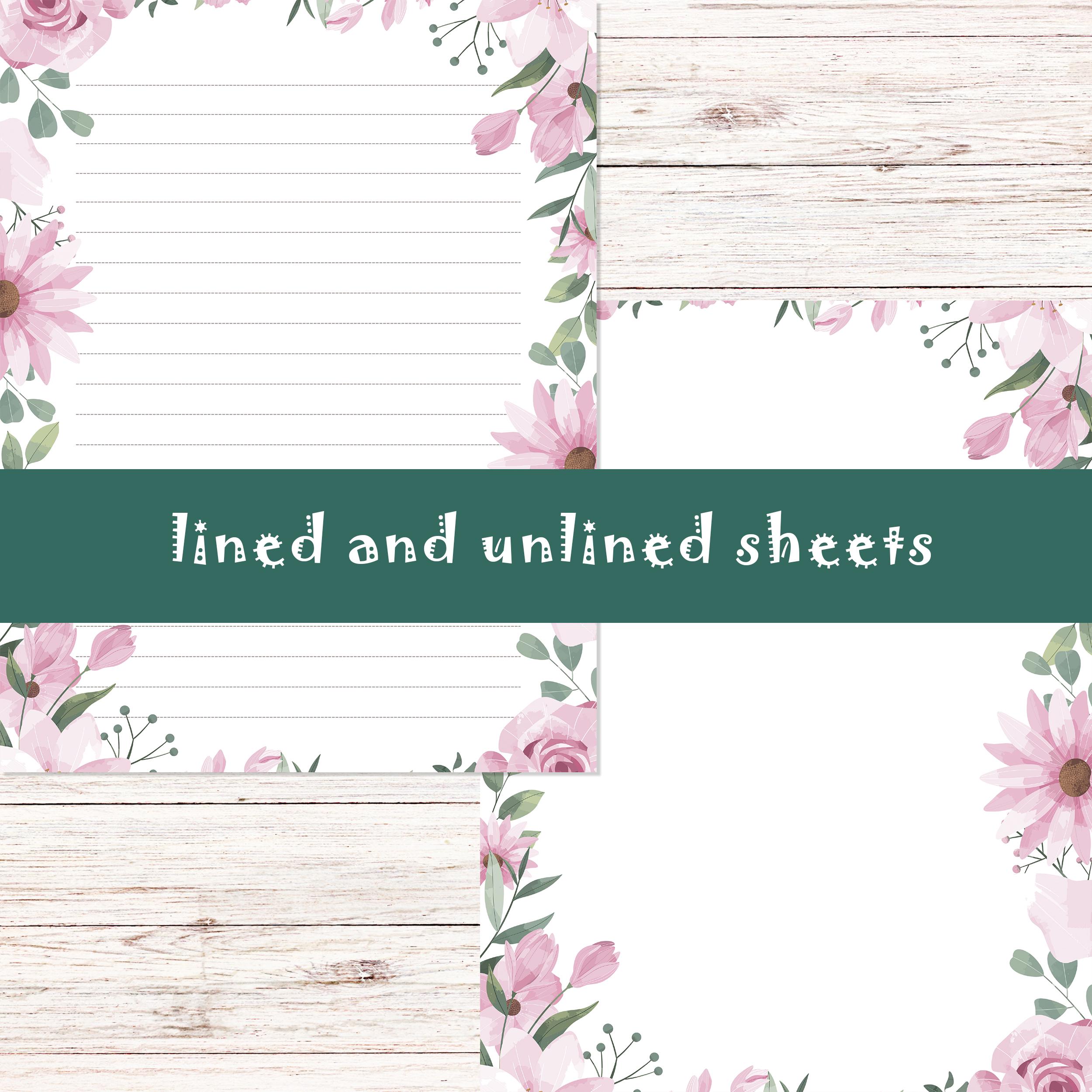Flower Frame Printable Writing Paper Stationery Set, Lined Unlined US ...