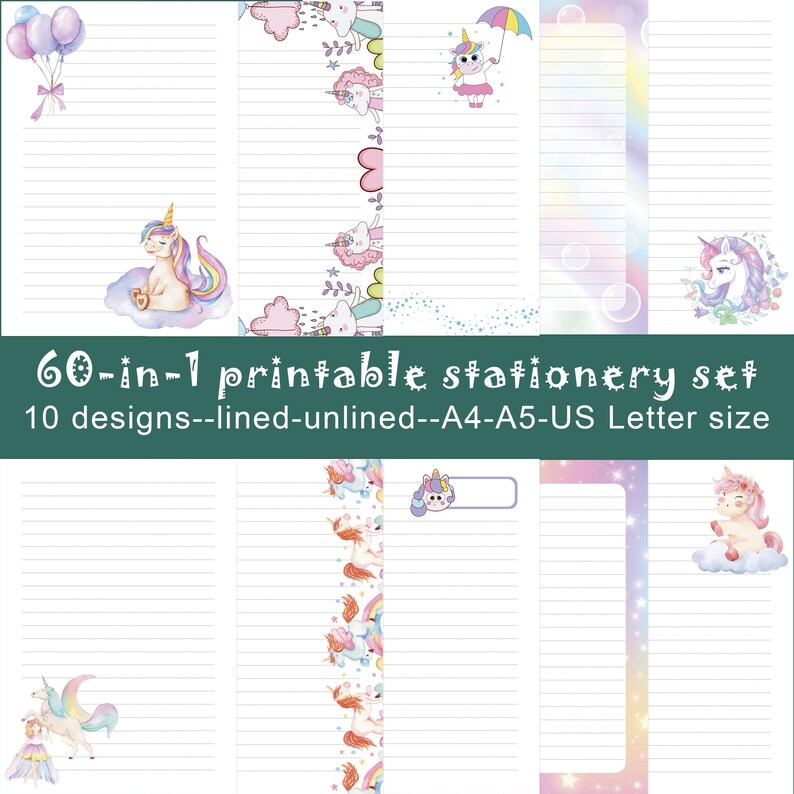 Printable Unicorn Stationery Set, Rainbow Journal Lined Unlined Writing ...