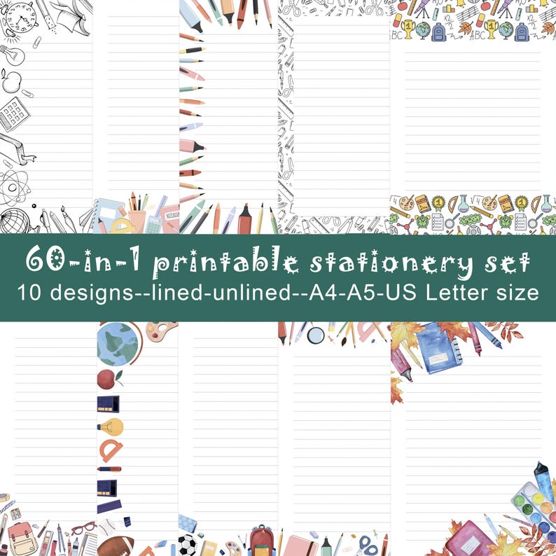 Back to School Printable Stationery Set, Writing Paper Lined Unlined ...