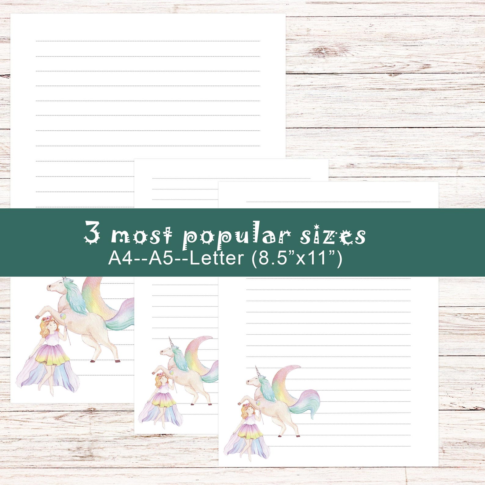 Printable Unicorn Stationery Set, Rainbow Journal Lined Unlined Writing ...