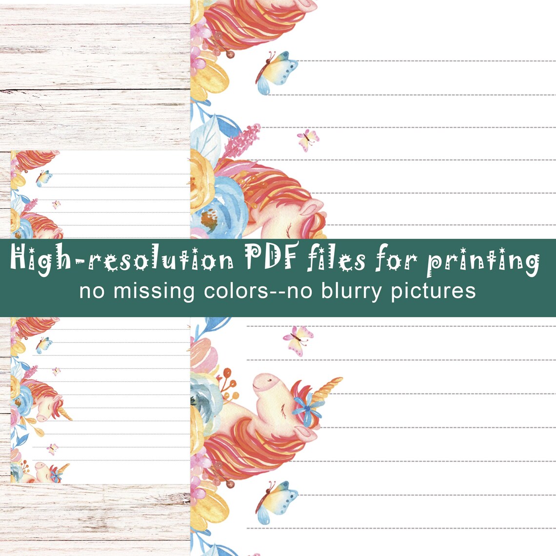 Printable Unicorn Stationery Set, Rainbow Journal Lined Unlined Writing ...