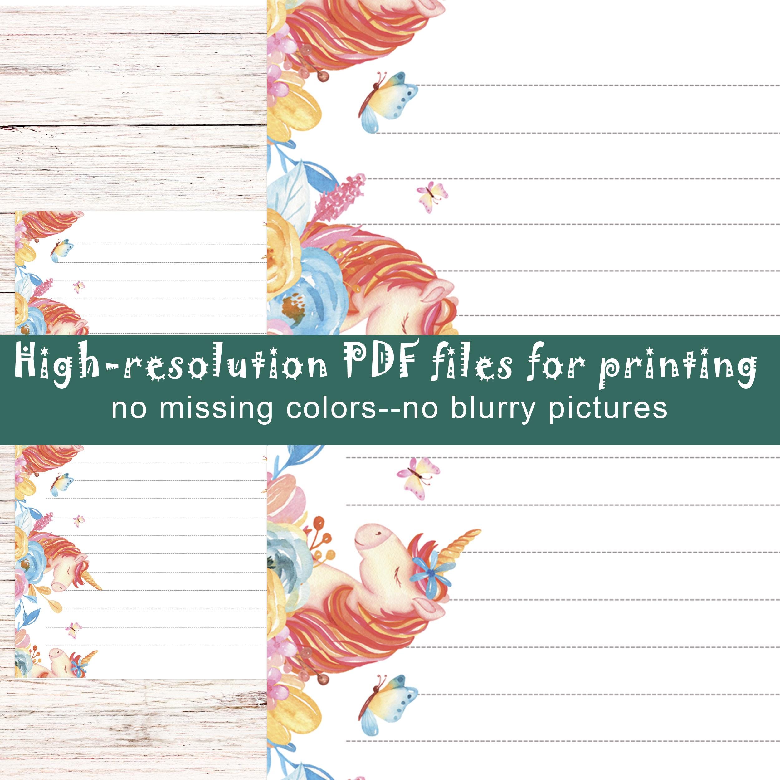 Printable Unicorn Stationery Set, Rainbow Journal Lined Unlined Writing ...