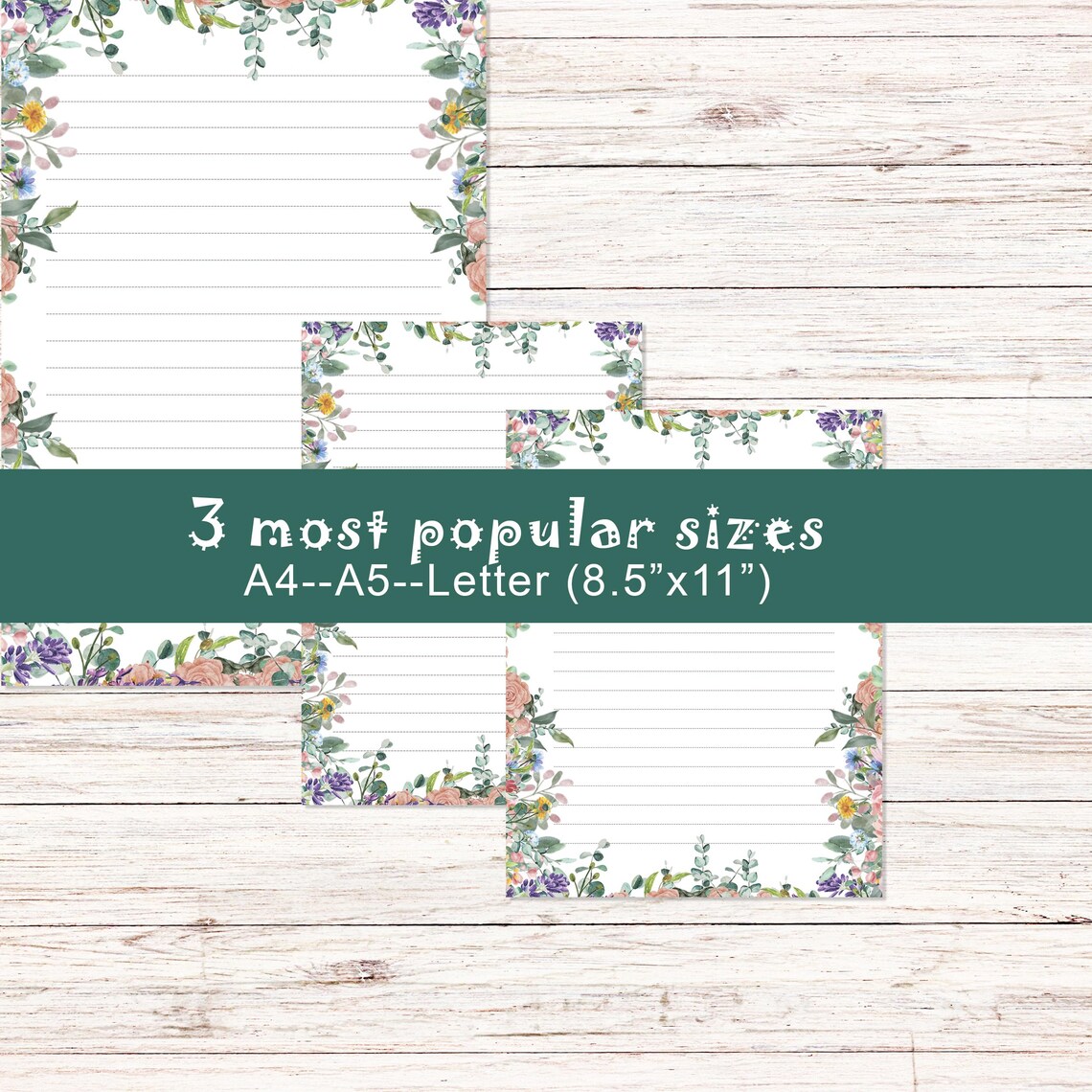 Flower Frame Printable Writing Paper Stationery Set, Lined Unlined US ...