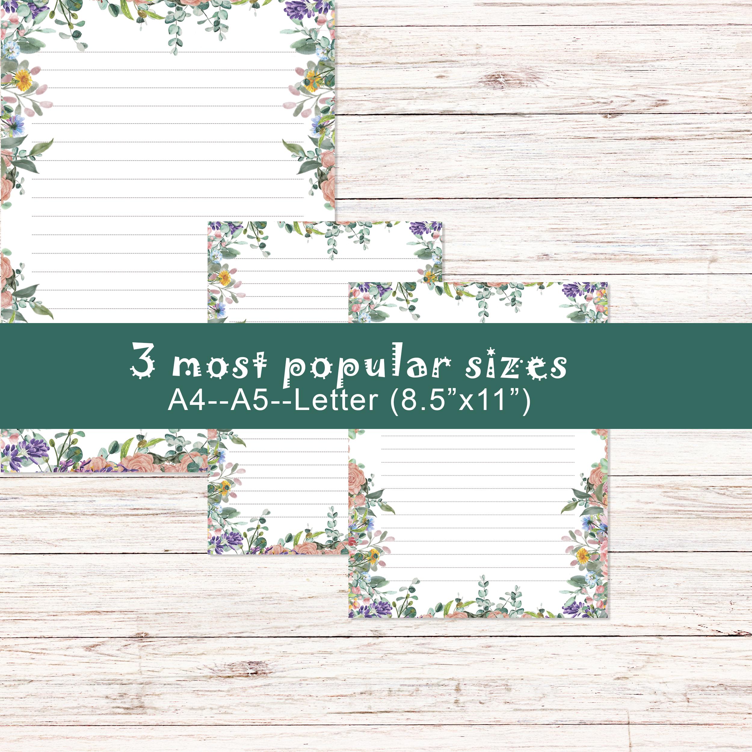 Flower Frame Printable Writing Paper Stationery Set, Lined Unlined US ...