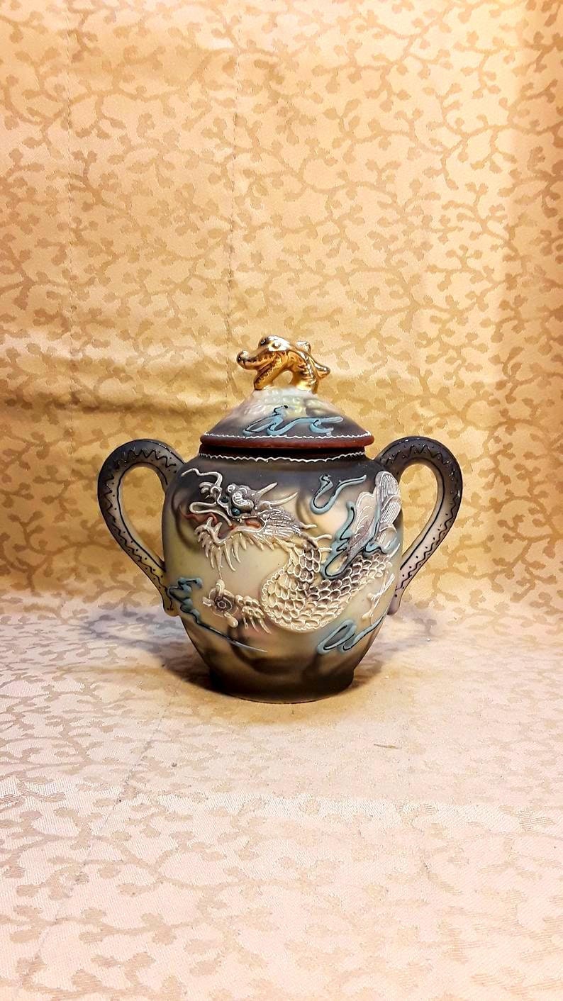 Antique Dragonware Sugar Bowl 1920s Gray Moriage Dragon Blue - Etsy
