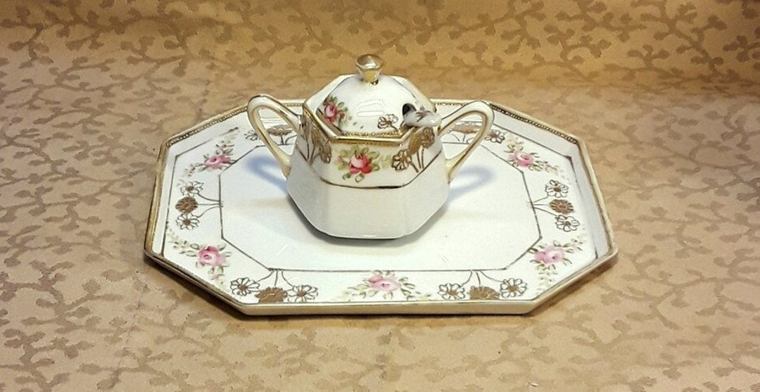 Antique Nippon Condiment Set on Tray Mustard Pot Hand Painted Porcelain ...