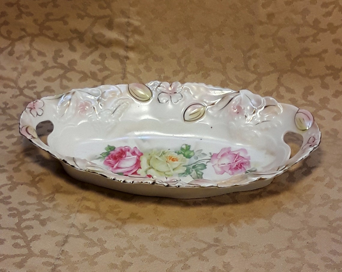Antique Victorian Relish Dish Germany Pink Yellow Roses Floral Shabby ...
