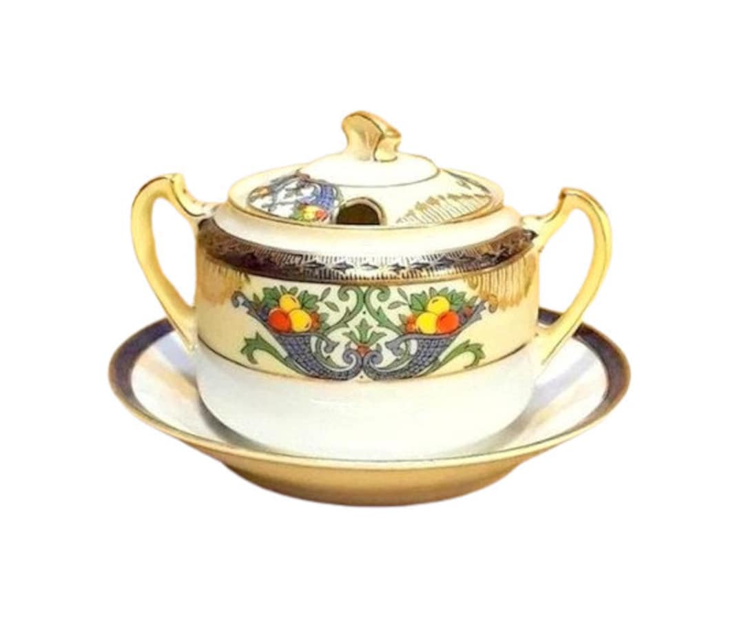 Antique Noritake Mustard Pot Jam Jar Fruits in Blue Cornucopia Pattern ...
