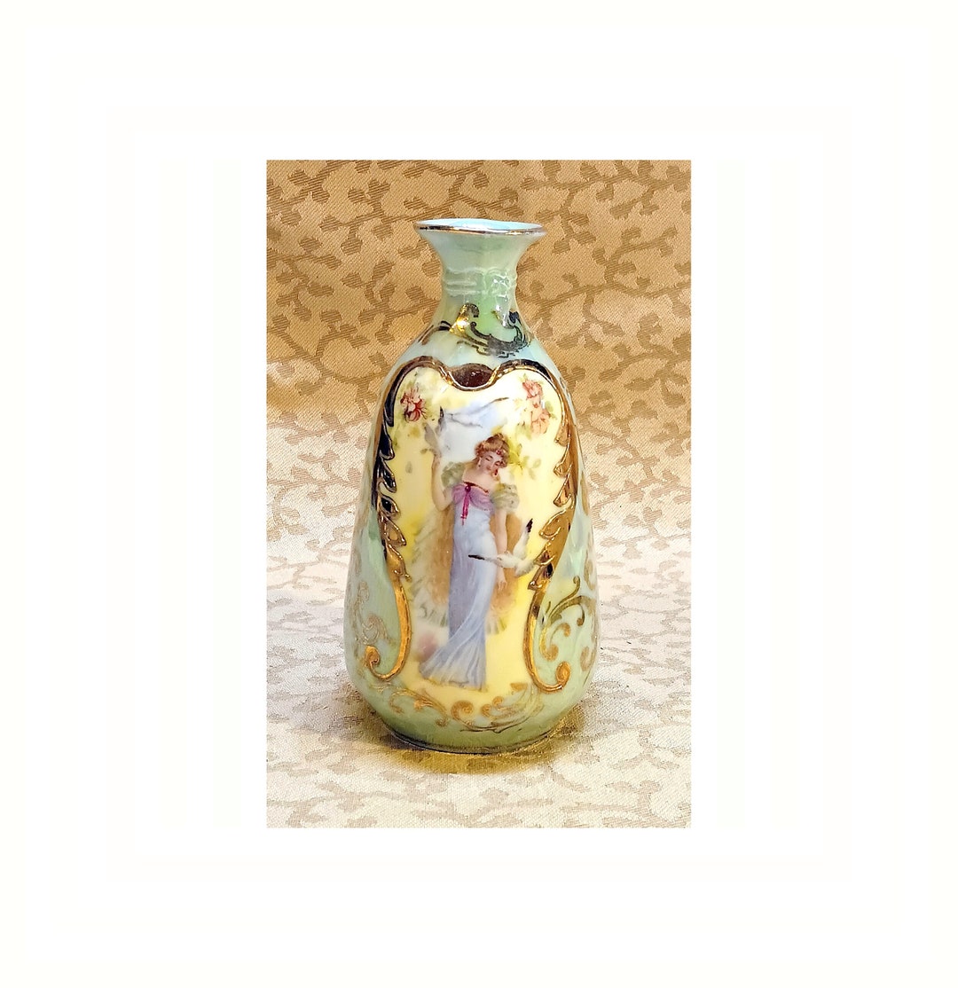 Antique Prov Saxe Mini Vase ES Germany Portrait Porcelain Green Lustre ...