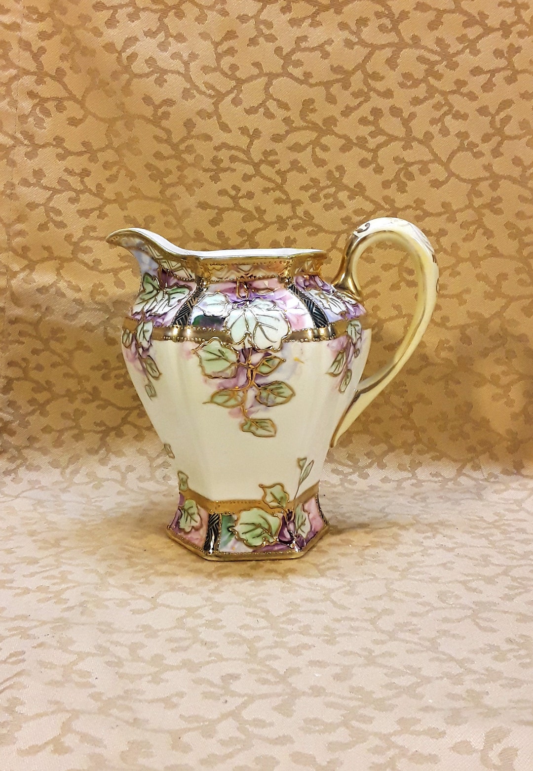 Antique Nippon Pitcher Hand Painted Floral Purple Pink Heavy - Etsy
