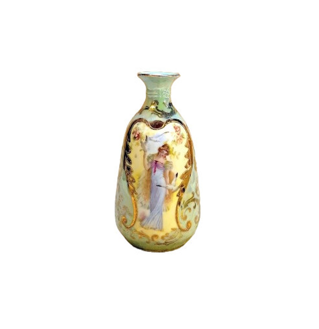Antique Prov Saxe Mini Vase ES Germany Portrait Porcelain Green Lustre ...