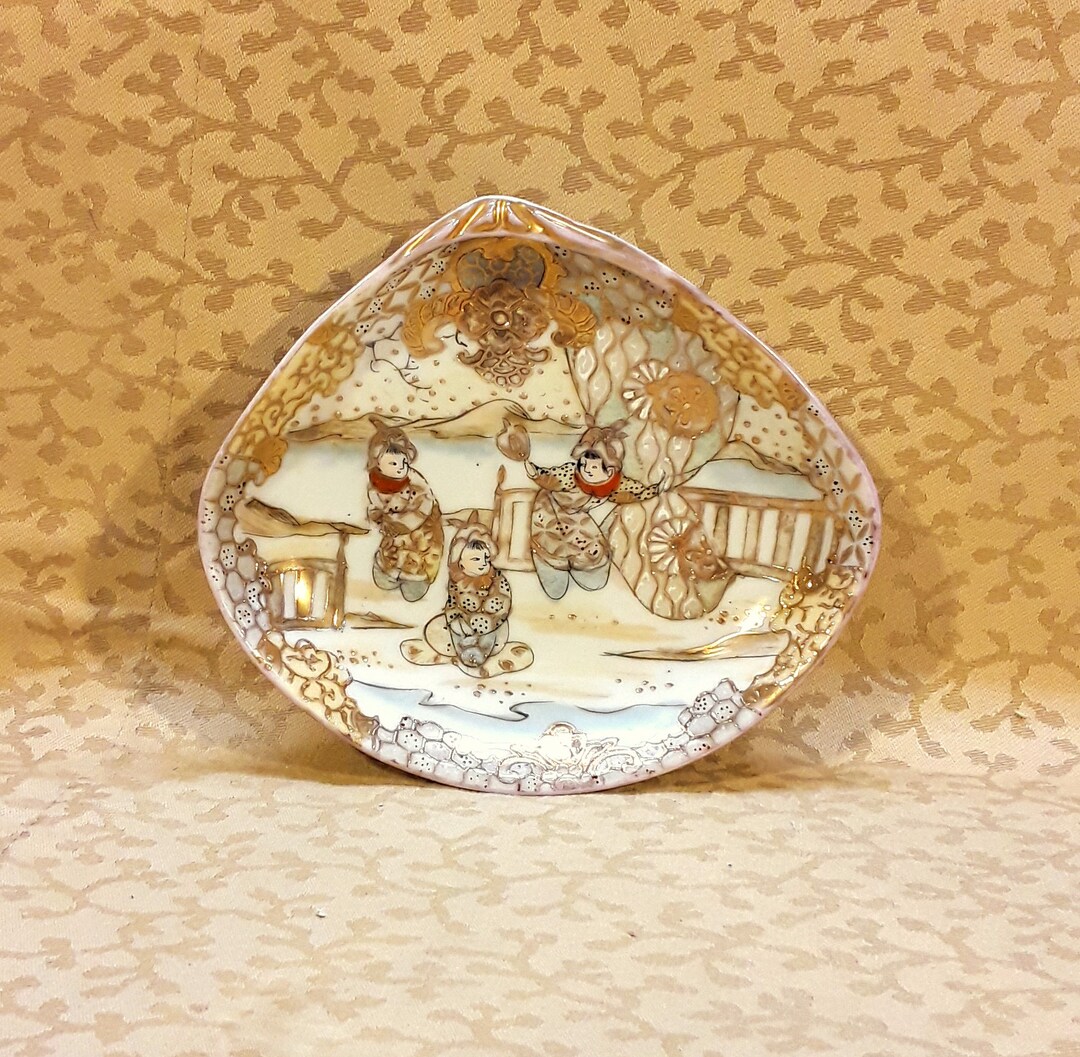 Antique Royal Satsuma Nippon Clam Shell Relish Dish Hand Painted Shabby ...