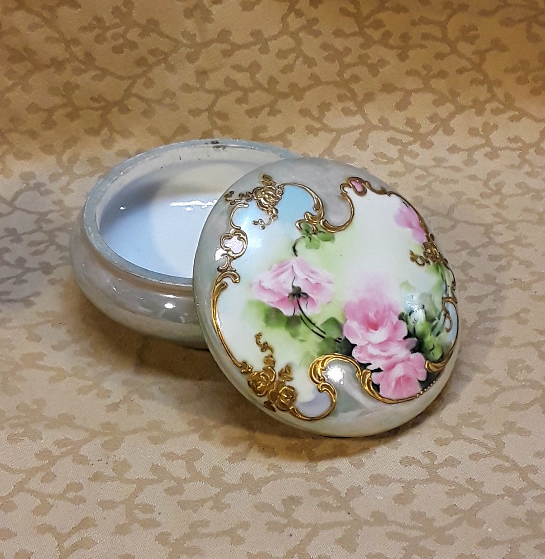 Antique Limoges Powder Jar Trinket Box Hand Painted Pink Roses ...