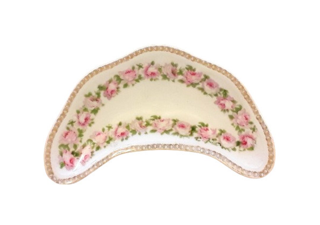 Trio Antique Victorian Bone Crescent Side Salad Dishes Pink Roses ...