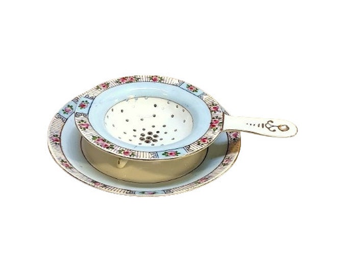 Antique Tea Strainer and Liner Set Pink Roses Blue Band Hand Painted ...