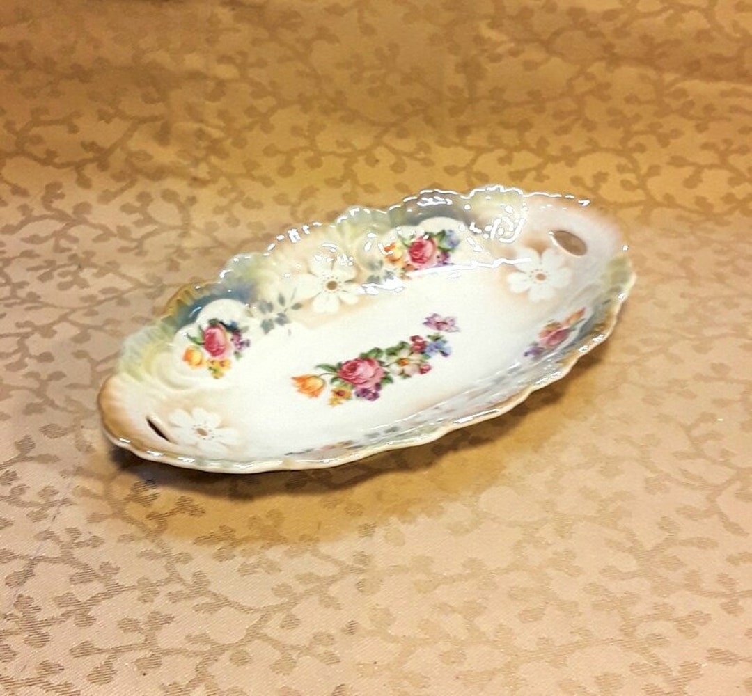 Antique Relish Dish Porcelain Germany Pink Yellow Roses Floral ...