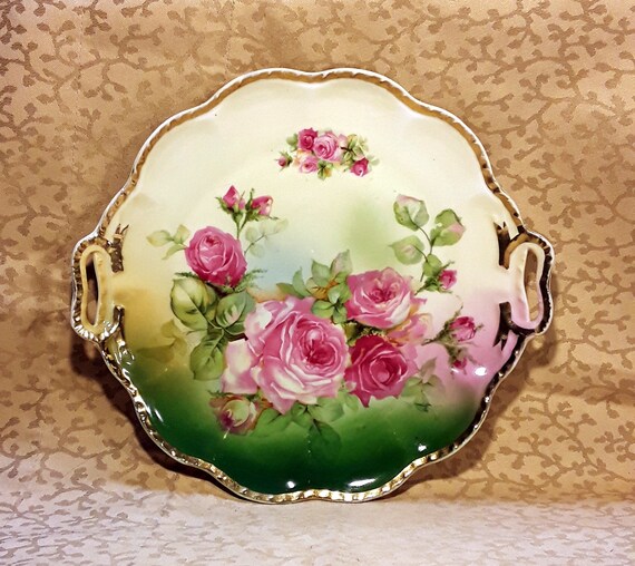 Antique German Cake Plate Pink Roses Green Pink Brown Ombre - Etsy