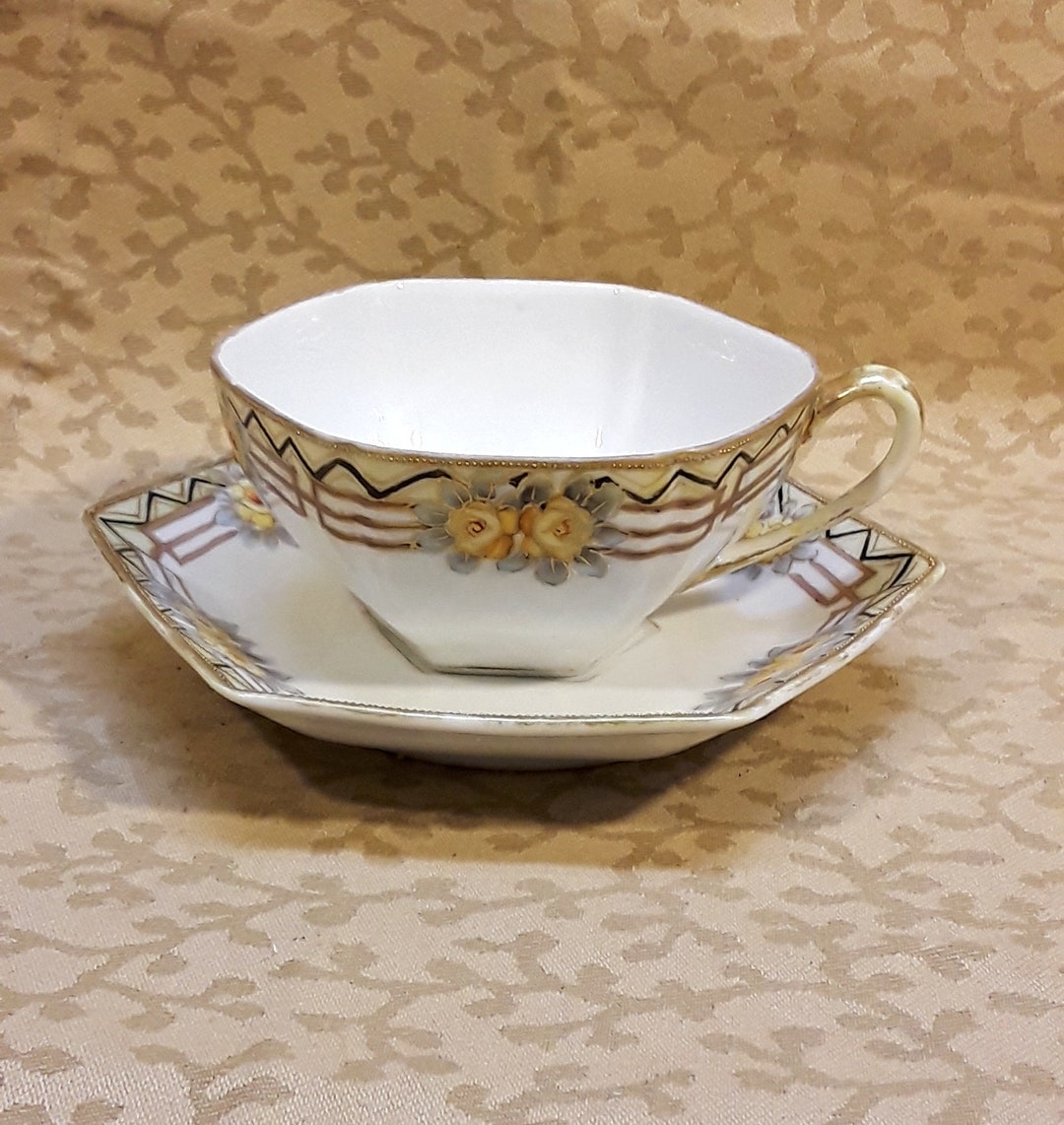 Antique Nippon Tea Cup Saucer Set Hand Painted Yellow Roses Shabby ...
