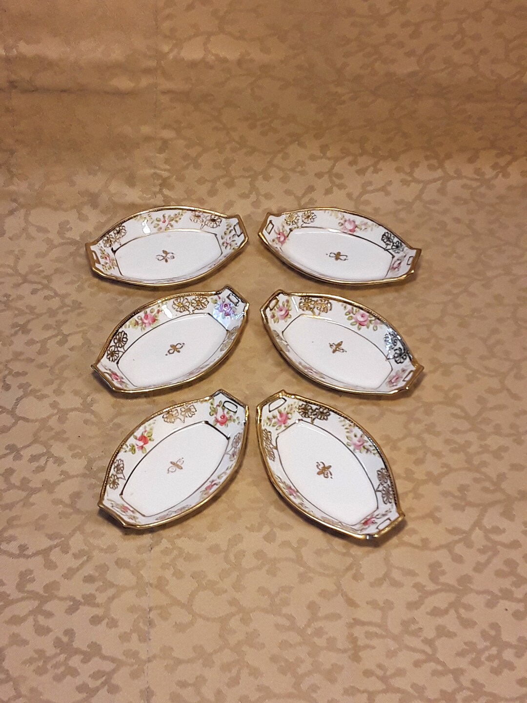 Antique Nippon Salt Dips Set of Six Hand Painted Pink Roses Gold ...