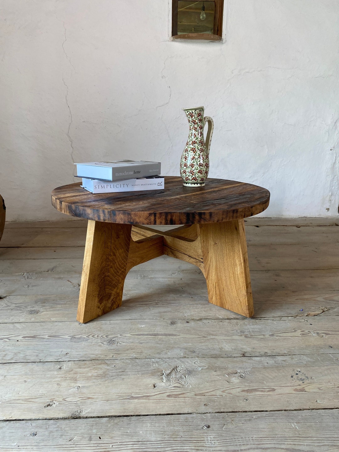 Round Rustic Coffee Table Reclaimed Oak Wood, Round Oak Coffee Table ...