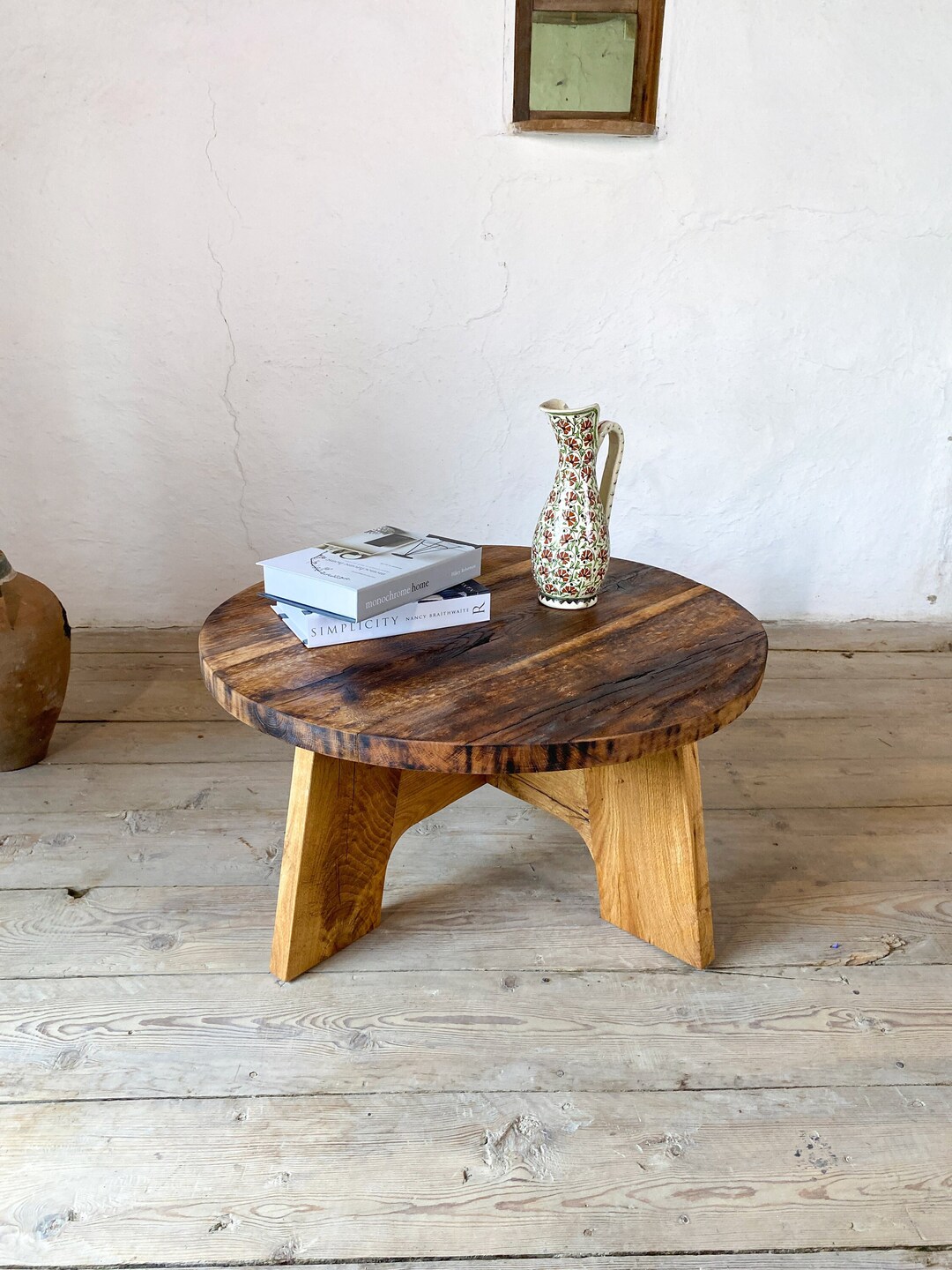 Round Rustic Coffee Table Reclaimed Oak Wood, Round Oak Coffee Table ...