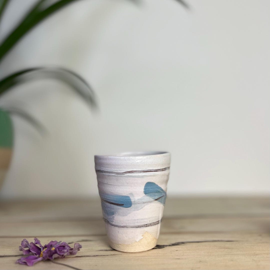 Handmade and Hand Painted Ceramic Double Espresso Cup, Cute White, Blue ...