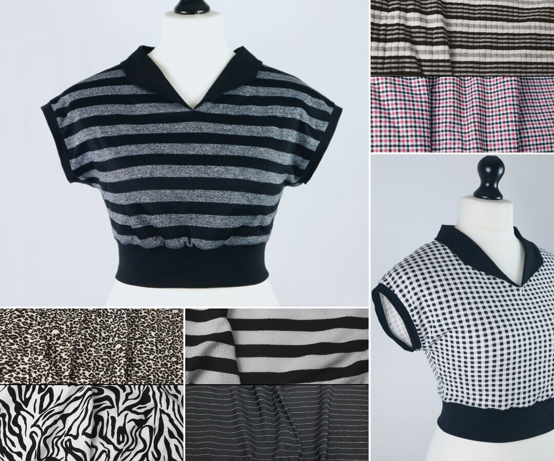 50s Crop Top, Retro Collared Shirt in Patterned Jersey, Handmade ...