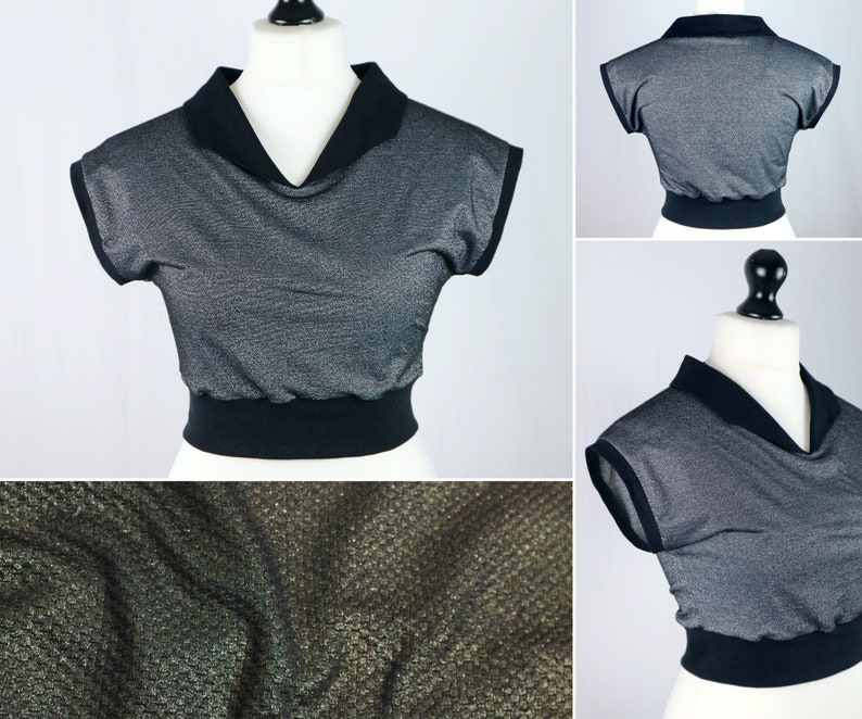 50s Crop Top, Retro Collared Shirt in Metallic Lurex Jersey, Handmade ...