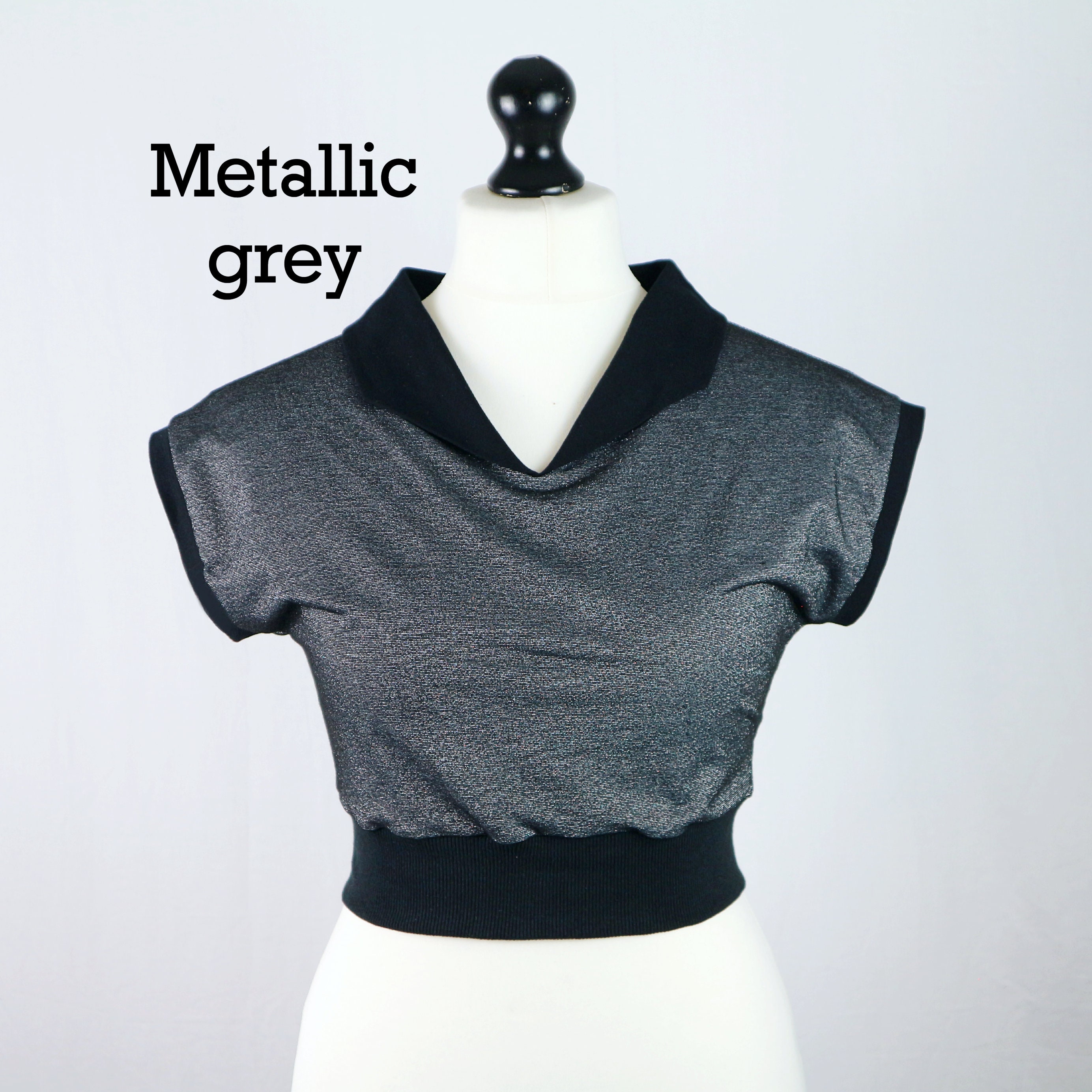 50s Crop Top, Retro Collared Shirt in Metallic Lurex Jersey, Handmade ...
