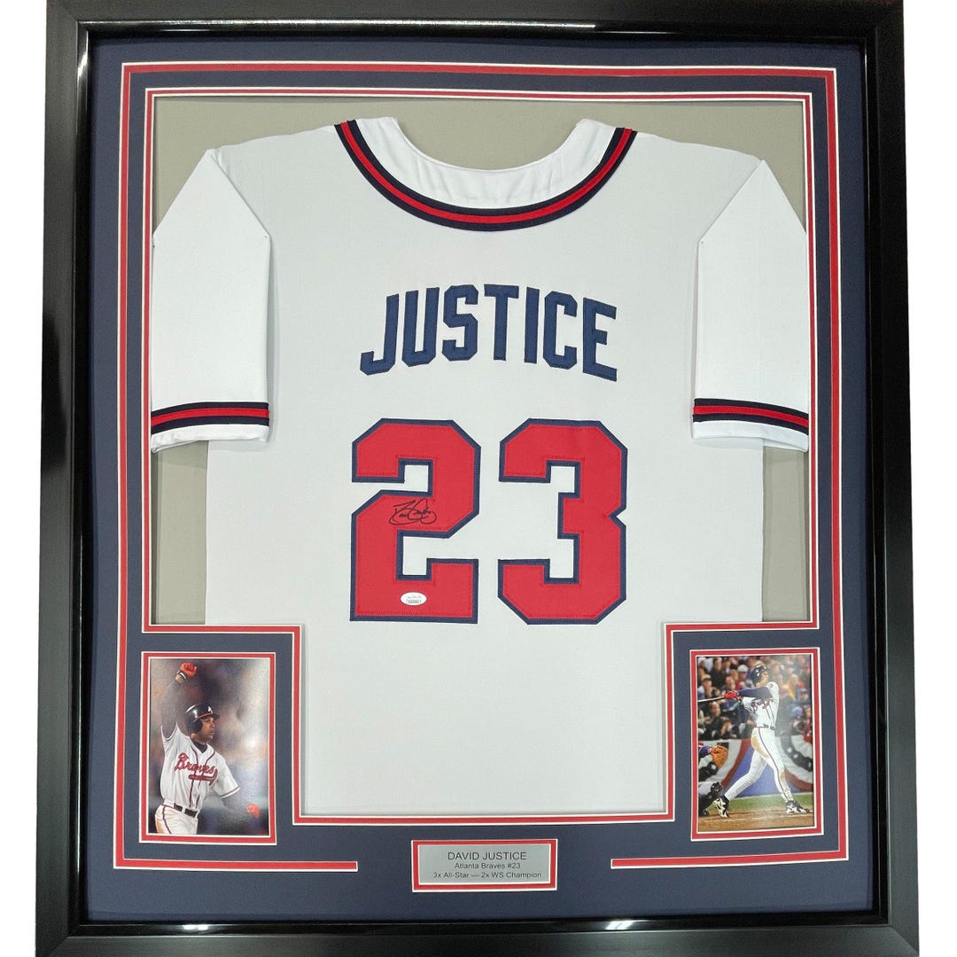 Framed Autographed/signed David Justice 35x39 Atlanta White Baseball ...