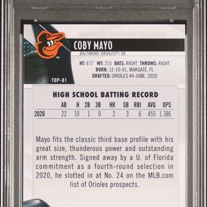 Graded 2021 Topps Bowman Platinum Coby Mayo #TOP81 Top Prospects Rookie ...