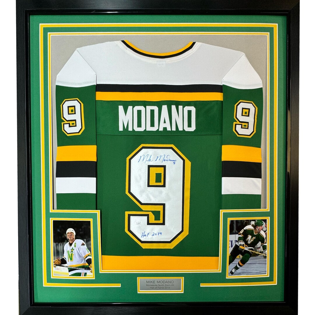 Framed Autographed/signed Mike Modano HOF 2014 33x42 Minnesota Green ...