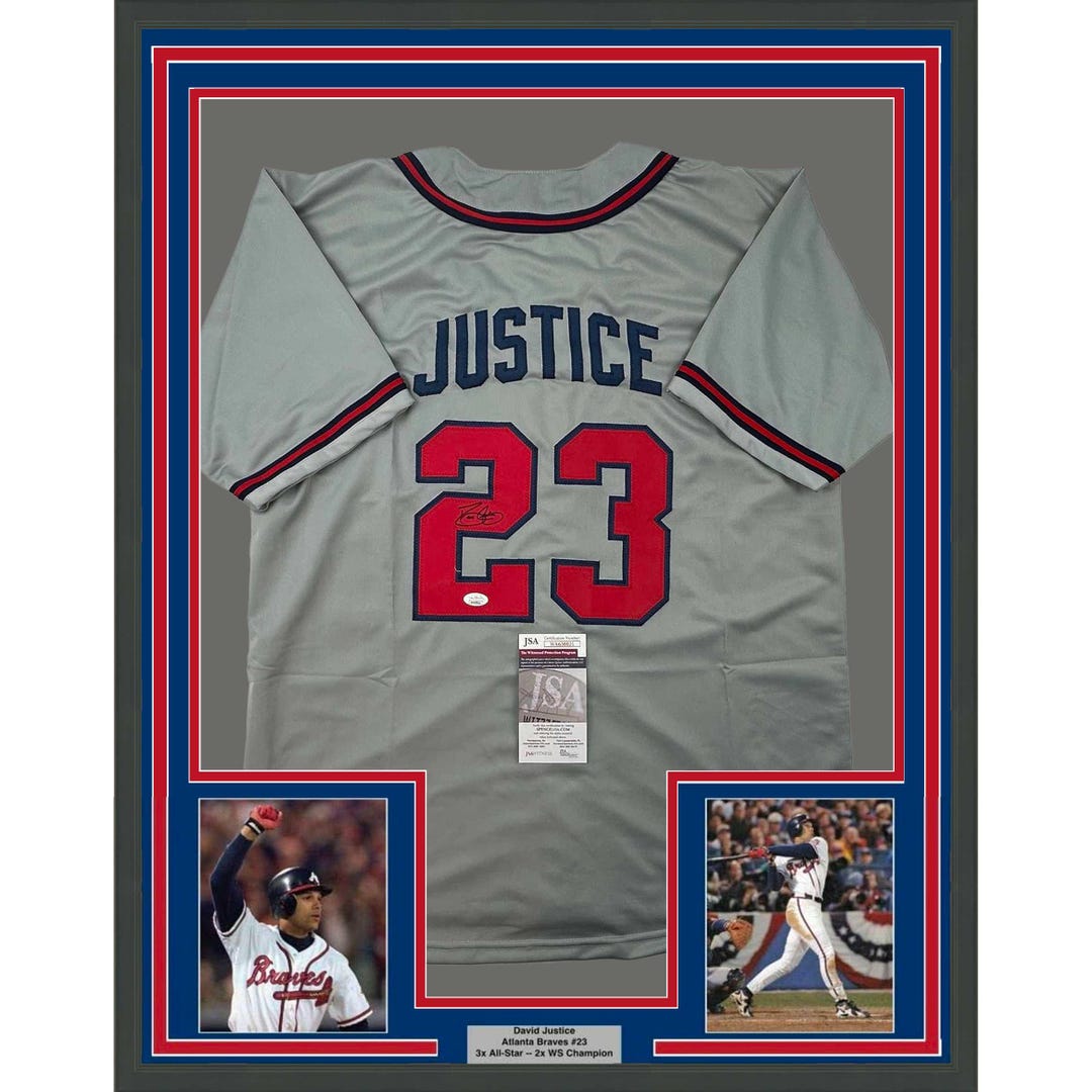 Framed Autographed/signed David Justice 35x39 Atlanta Grey Baseball ...