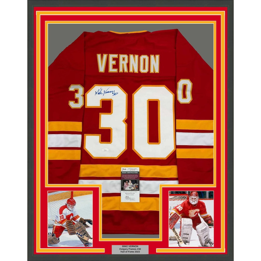 Framed Autographed/signed Mike Vernon 35x39 Calgary Red Hockey Jersey ...