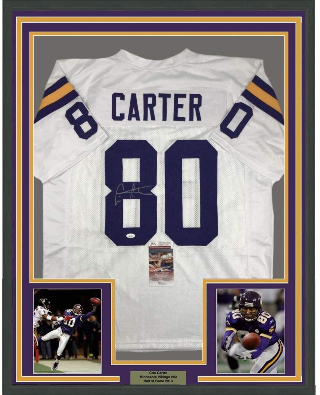 Framed Autographed/signed Cris Carter 35x39 Minnesota White Jersey JSA ...