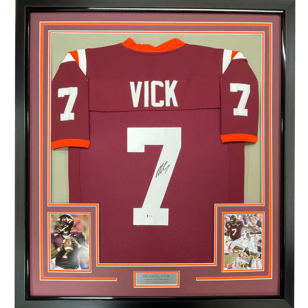 Framed Autographed/signed Michael Mike Vick 35x39 Virginia Tech Maroon ...
