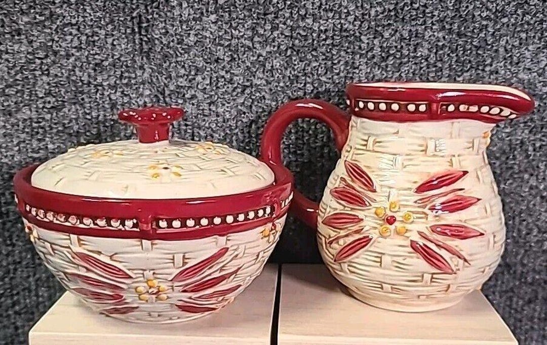 Temptations Old World Cream & Sugar Basketweave Red Pottery Country ...